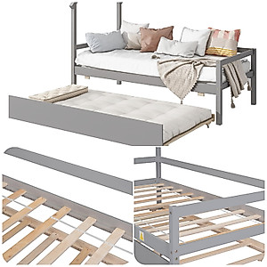 ChicFurnit Twin Size Bed Frame, Wooden Day Bed with House-Shaped Headboard, Platform Bed Frame with Pull-out Trundle & Guardrail for Kids, Floor Bed Frame for Living Room, Bedroom and Guest Room, Grey