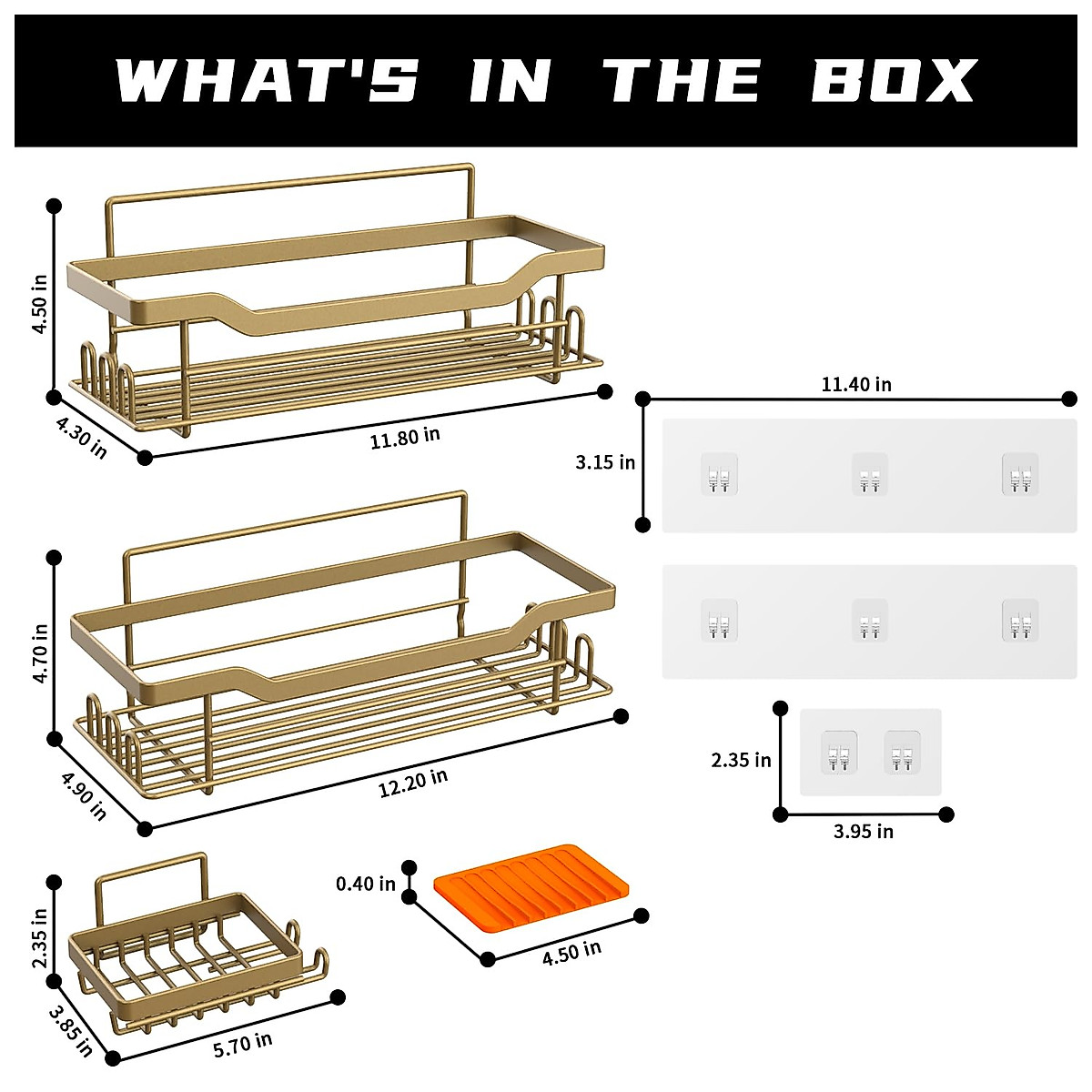 BATHDESIGN Shower Caddy Shelves Organizer Rack, 3 Pack Shower Caddy with Soap Holder, Shower Shelves for Inside Shower, No Drilling Wall Mounted Self Adhesive Shower Shelves, Matte Gold