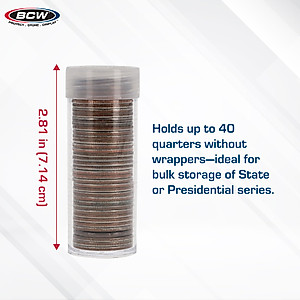 BCW Clear Quarter Coin Tubes with Screw-On Cap, Each Holds 40 Quarters (10-Tubes Total)