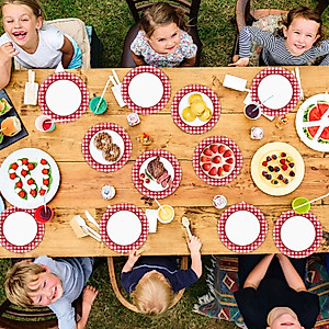 100pcs 7inch Chriatmas Red and White Plates Gingham Checkered Plaid Tableware Baby Shower Red Gingham Dessert Disposable paper Dinnerware for Picnic Barbecue Baby Shower Birthday Party Decorations