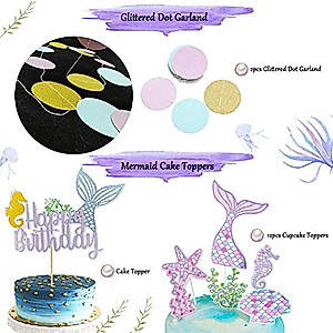 Mermaid Party Supplies,Girls Birthday Party Decorations, Contain a Mermaid Banner, 9 Tissue Pom Poms, 2 Foil Curtains, 12 Cupcake Toppers and Balloons, Great for Girls Birthday Party