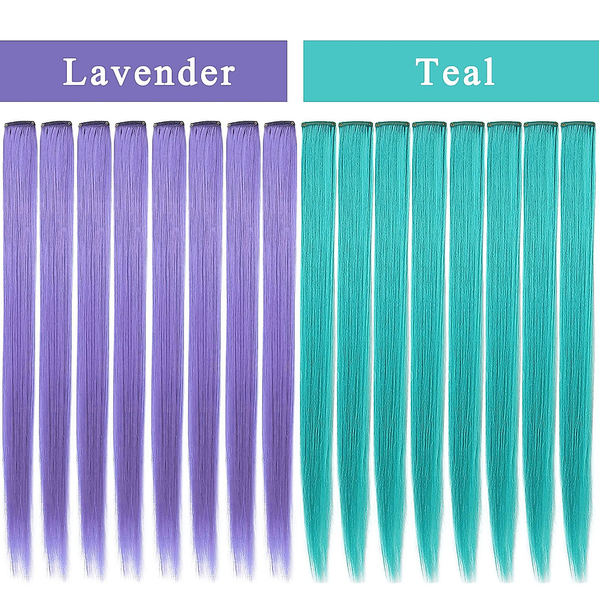 SARARHY Colored Hair Extensions Clip in 21 inch Straight Synthetic Hair Accessories Party Highlights Colorful Hairpieces for Kids Women Girls Wig Pieces 16 Pcs (Teal Lavender)