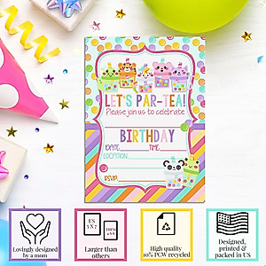 Amanda Creation Let's Par-tea Cute Animal Bubble Tea Themed Birthday Party Invitations, 20 5x7 Fill-In Cards with Twenty White Envelopes