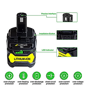 DTK P108 18V Lithium Battery Replacement for Ryobi 18V Battery ONE+ P102 P103 P104 P105 P107 P108 P109 P190 P122（2Pack）