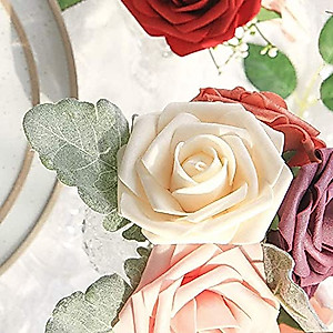 Higfra Artificial Flowers 25pcs Real Looking Fake Roses with Stems for DIY Wedding Bouquets Baby Shower (Champagne)