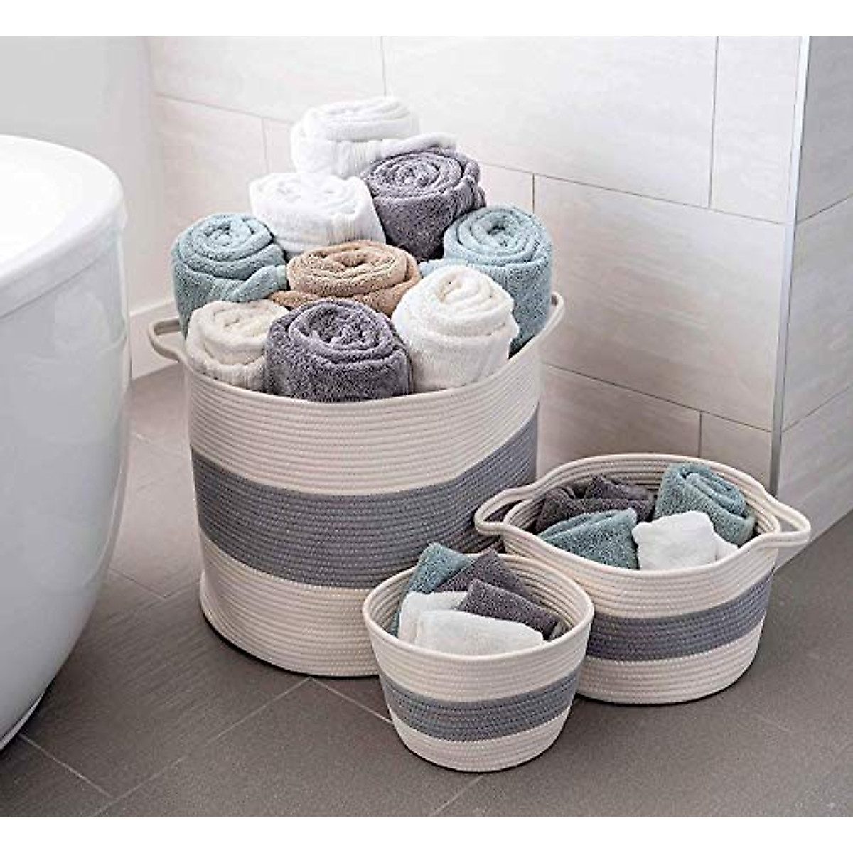 LITTLE HIPPO 3 Pcs Big Blanket Basket Living Room - (21"x16") Extra Large Rope Woven Baskets for Storage | 100% Natural Cotton Decorative Toy Basket with Handles | Boho Laundry Basket for Floor