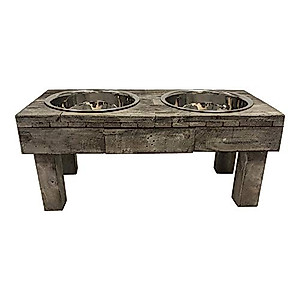 Huntley Equestrian Pet Berjen Table Elevated Double Bowl Pet Feeder, Brown Wash (Large) (02189)