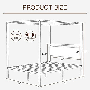 ikalido Queen Size Metal Canopy Bed Frame with Wooden Headboard, Classic Design Canopy Bed with 4 Sturdy Posters, Noise Free/No Box Spring Needed/Rustic Brown