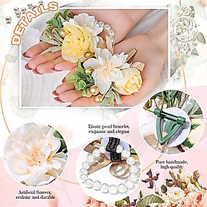 Campsis Wedding Corsage Boutonniere Champagne Rose Pearl Flower Wrist Corsage Groom Boutonniere Flower Decor Girls Bride Bridesmaid Lady for Prom and Dinner Party(2pcs)