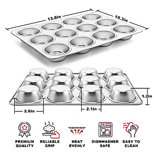 TeamFar 12-Cup Muffin Pan, Stainless Steel Cupcake Pans Muffin Tin Set for Oven Baking Mini Brownies Quiches Tarts, Non Toxic & Regular Size, Dishwasher Safe – Set of 2