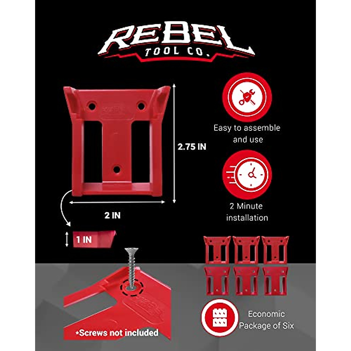 RebelToolCo Battery Holder Wall Mount (6 Pack) Battery Holder Mounts. Compatible with M18 Milwaukee Cordless Batteries. Tool Holder Storage Organizer for Battery, Accessories, & Tool Organization.