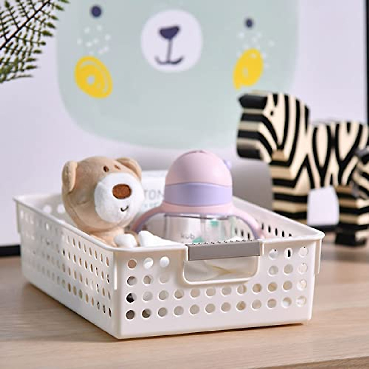 Whale Pocket 6 PCS Plastic Storage Basket, Slim White Organizer Tote Bin Shelf Baskets for Closet Organization, De-Clutter, Toys, Cleaning Products, Accessories(11.8 x 8.5x 3.4in)