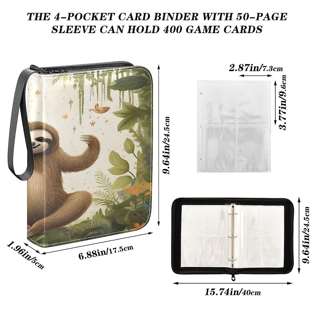 PYBUG Cute Sloth Trading Card Binder with Nylon Strap 4-Pocket Waterproof PU Leather Card Collection Binder for 400 Cards Sturdy Card Holder Folders for Game Cards,Sports Cards