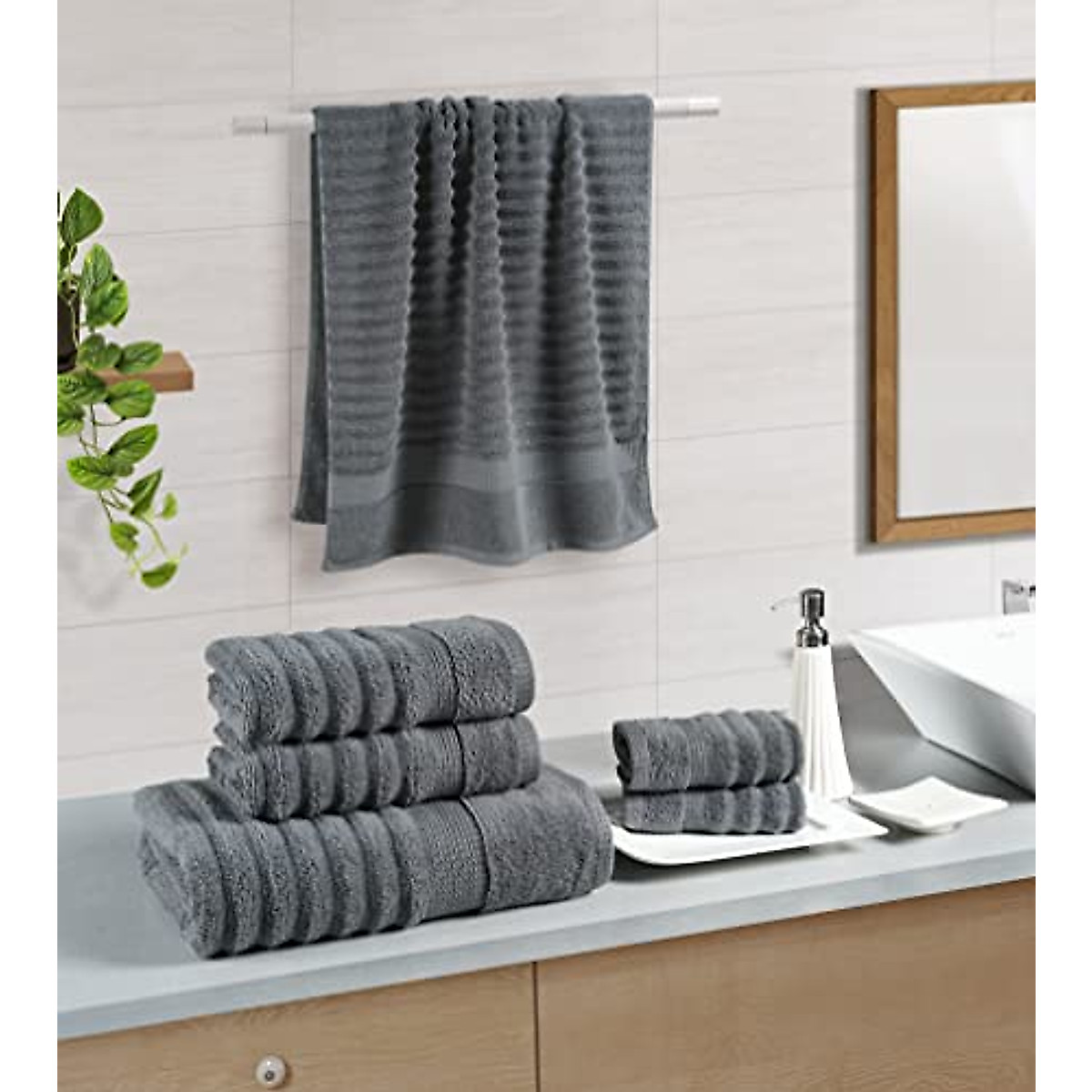 LANE LINEN Ribbed Space Grey Bath Towels for Bathroom Set- 100% Cotton Bath Towel Set, Bathroom Towels Set, Quick Dry, Luxury Towels, 2 Bath Towels, 2 Hand Towels, 2 Wash Cloths - 6 Piece Set