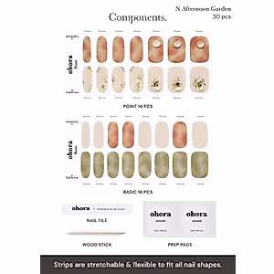 ohora Semi Cured Gel Nail Strips (N Afternoon Garden) - Works with Any Nail Lamps, Salon-Quality, Long Lasting, Easy to Apply & Remove - Includes 2 Prep Pads, Nail File & Wooden Stick