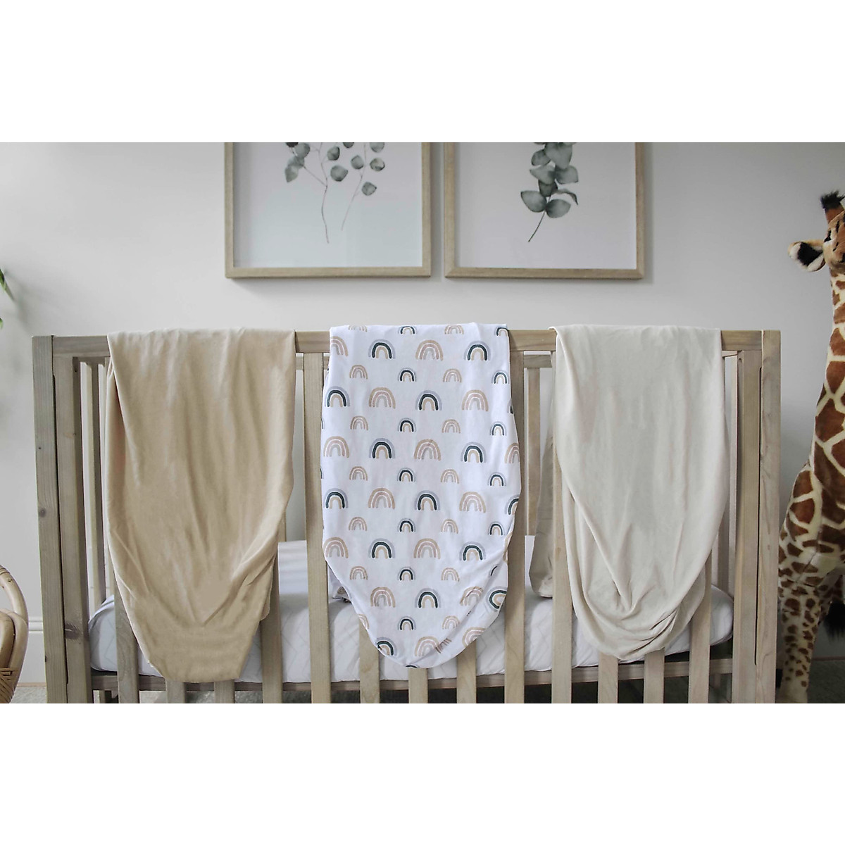 NODNAL CO. 3 Fitted Crib Sheets Rainbow & Solid Colors Set - 100% Oeko-TEX Cotton for Baby Girl/Boy Nursery Bedding - Boho Gender Neutral Watercolor Beige/Tan Set Toddler Mattress 28”x52”x9” Sheet