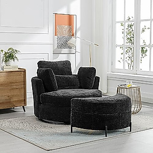 Oversized Swivel Accent Barrel Chair with Storage Bench Large Ottoman+4 Pillows,Comfy Upholstered 360 Recliner Sofa Club Chaise Leisure Round Loveseat Lounge Armchair for Living Room/Hotel/Nursery