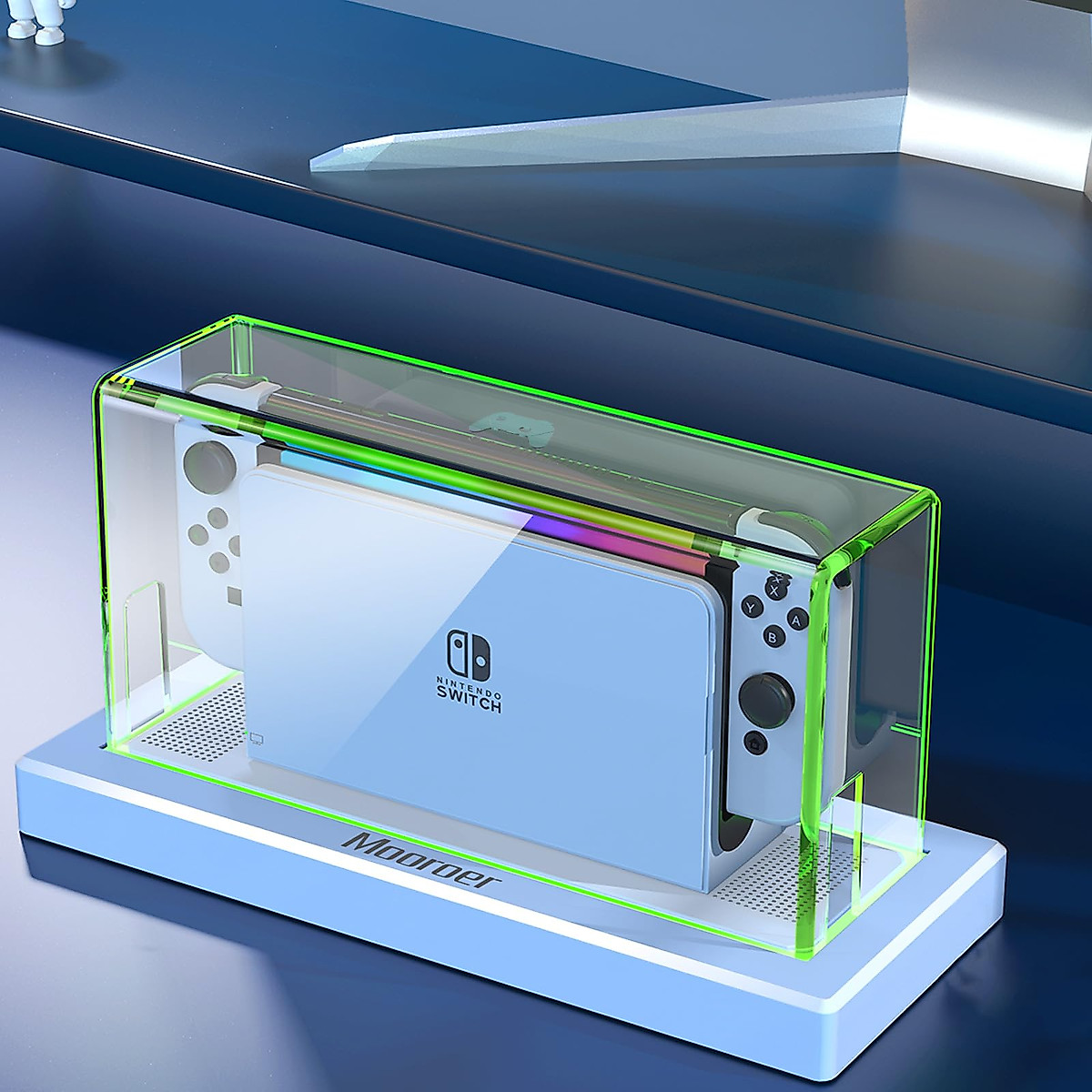 Mooroer Dust Cover with 16 LED Colors Light Base for Nintendo Switch/OLED, Acrylic Clear Display Box Anti-Scratch Waterproof Slim Dock Case, Cool Switch Accessories