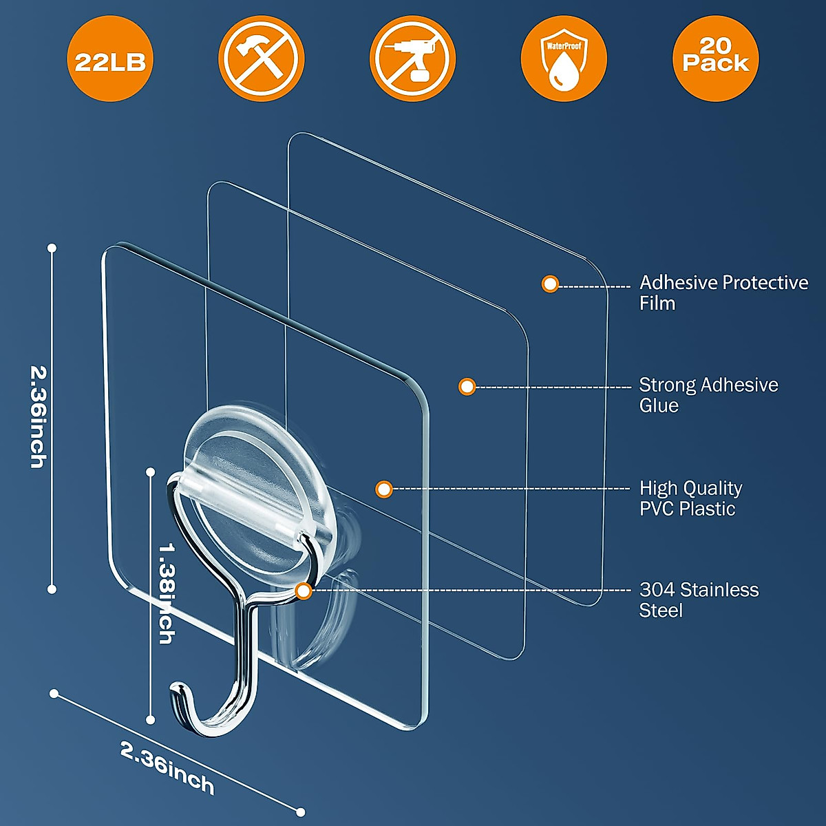 YSJNUS Adhesive Hooks Wall Hooks for Hanging Heavy Duty 22lb(Max), Waterproof and Rustproof Transparent Self Adhesive Hooks for Bathroom Kitchen Outdoor and Home Improvement -20 Pack