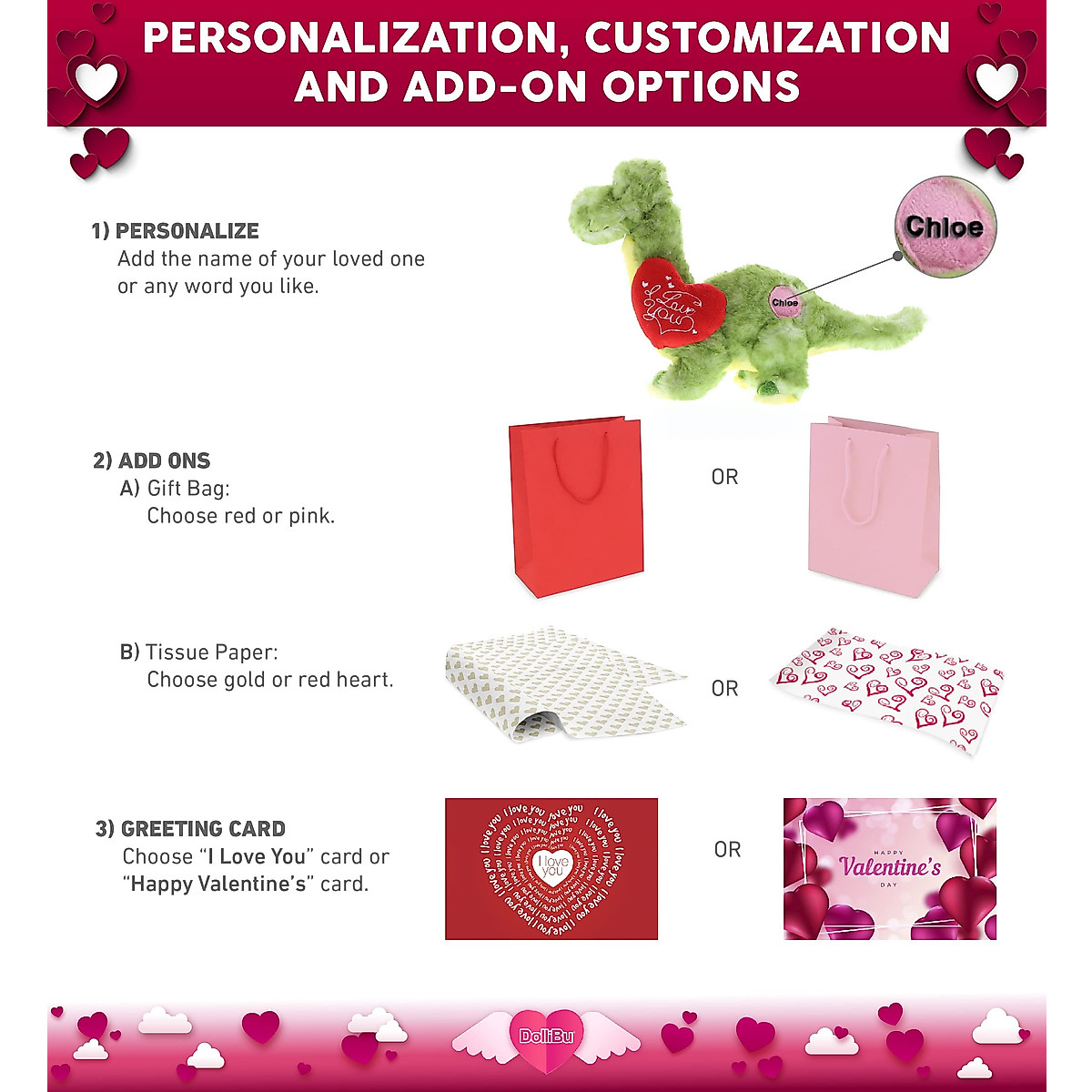 DolliBu I Love You Valentine Green Dinosaur Plush - Cute Dinosaur Stuffed Animal with Red Heart and Name Personalization Gift for Valentines Day, Birthday, Anniversary, Romantic Date - 10 Inches