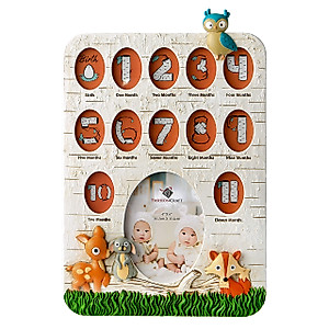 FASHIONCRAFT Woodland Animals Baby's First Year Collage Photo Frame - Polyresin - Handpainted - 13 Openings - Gender Neutral for Boys and Girls - Baby Room Décor