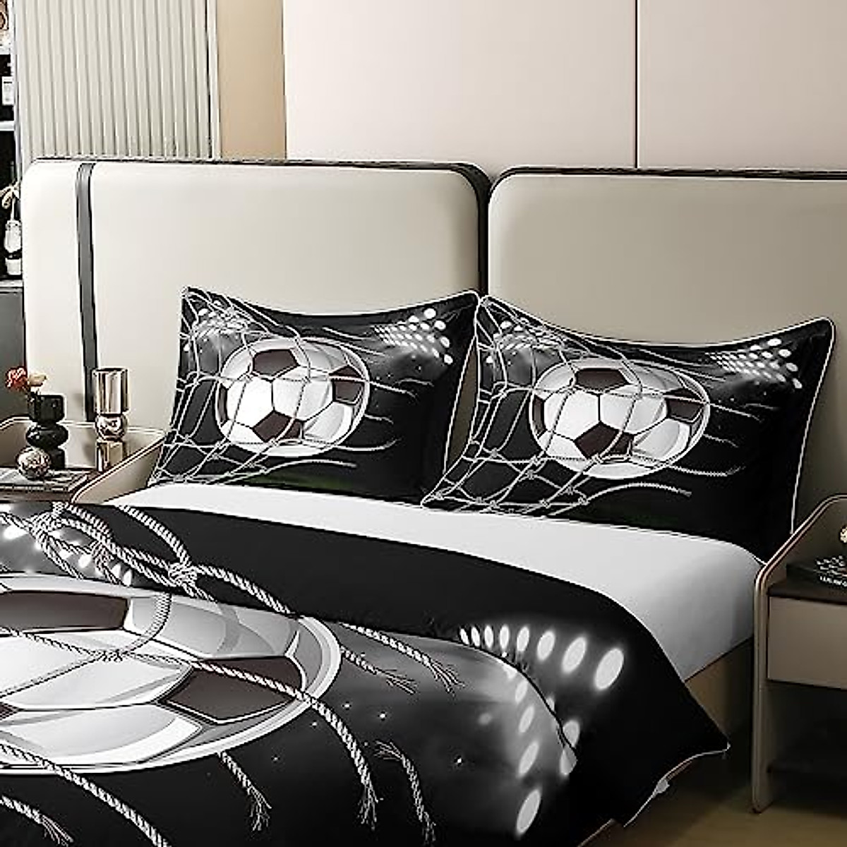 Boys Football Print Cotton Duvet Cover Set Queen Size Sports Theme Beding Set for Kids Teens Bedroom Decor Cool Modern Black White Soccer Design Comforter Cover Ball Game Competition Bedspread Cover