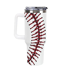 40 Oz Baseball Insulated Stainless Steel Tumbler with Handle & Straw Lid, Reusable Travel Cupholder Friendly Mug for Coffee, Water, Tea