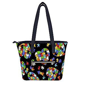 Funny Handbag Zipper Tote Bag Large Capacity Women Shoulder Bag for Daily Work School Business Travel (Colorful Autism Puzzle Pieces Heart)