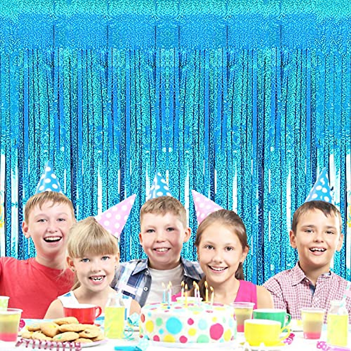 2 Pack 3.2ft x 8.2ft Blue Foil Fringe Curtains Photo Backdrop Party Decorations, Metallic Tinsel Foil Fringe Streamer Curtains for Party Door Wall Curtains Bachelorette Christmas New Year Decorations