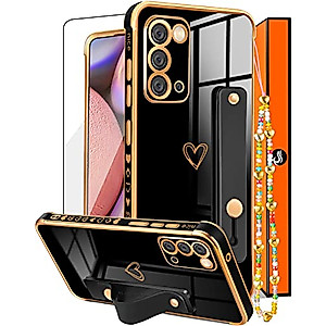 Likiyami (3in1 for Samsung Galaxy Note 20 Case Heart Women Girls Cute Girly Aesthetic Trendy Luxury Pretty with Loop 5G Phone Cases Black and Gold Plating Love Hearts Cover+Screen+Chain -6.7 inch