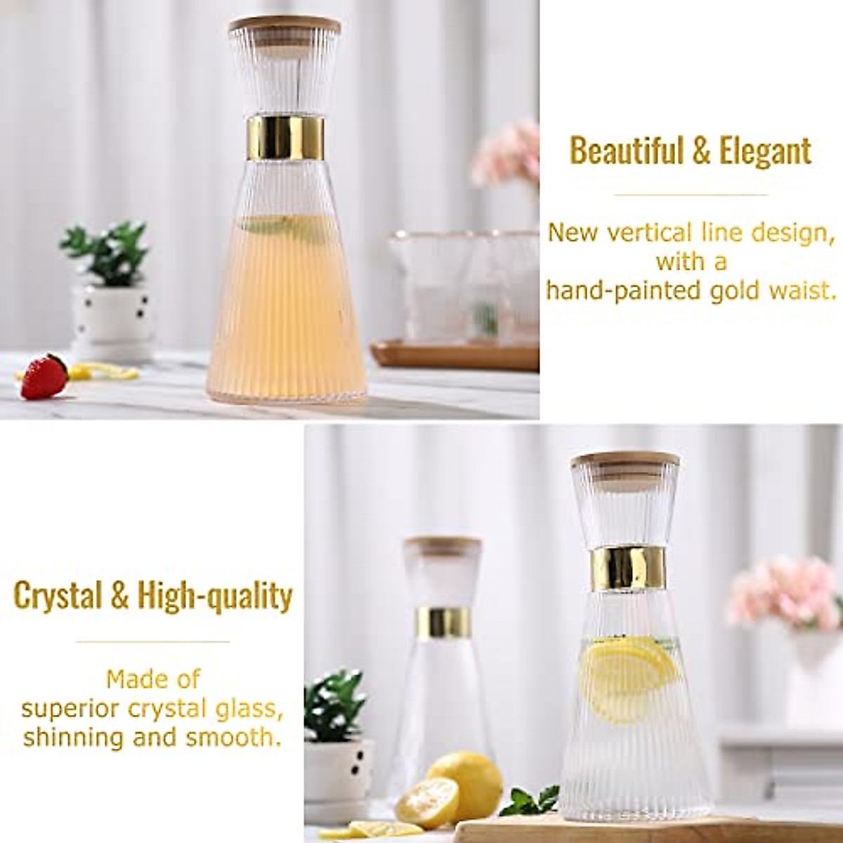 DUJUST Ribbed Glass Carafe with Lid (34oz), Elegant Water Carafe with Gold Decoration, Crystal Glass Carafe, with Thickened Bottom, for Juice, Milk, Tea, Food-Grade Silicone, Leak-proof