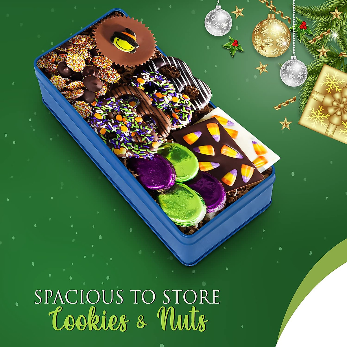 Crave Island Christmas Style Multi-Purpose Rectangular Tin Box with Lid - Metal Rectangle Box - Christmas Cookie Tin - Splendid Christmas Design - Spacious to store Sweets, Candy, and Food Storage