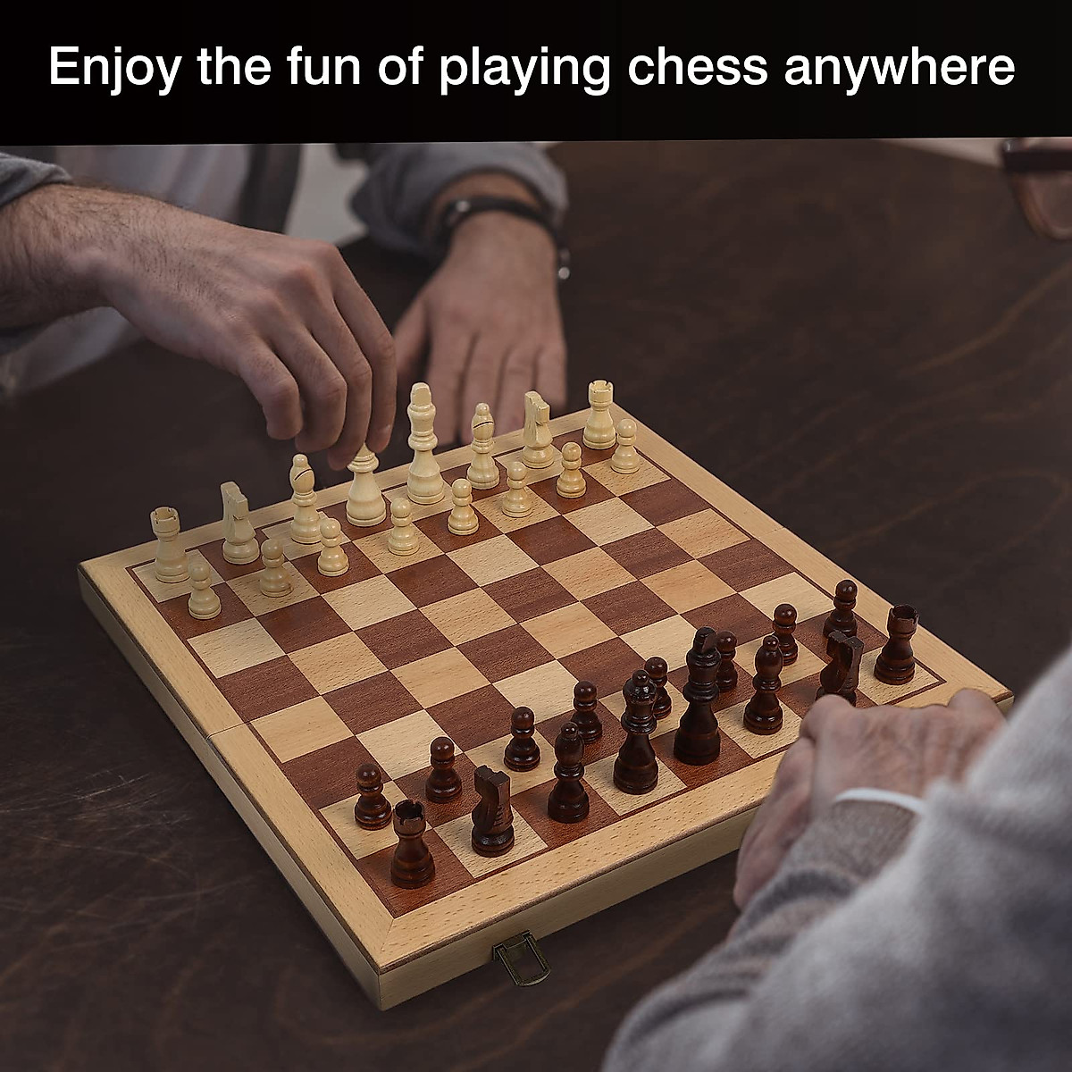 LEAP 15.5" Inches Wooden Chess Set - 2 Extra Queens - Folding Board, Handmade Portable Travel Chess Board Game Sets with Game Pieces Storage Slots - All Age Chess Set for Adults and Beginner
