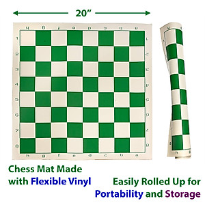 Sterling Games Extra Large 20" x 20" Roll Up Chess Mat and Chess Pieces Set, Tournament Chess Pieces, Green Vinyl Travel Chess Mat