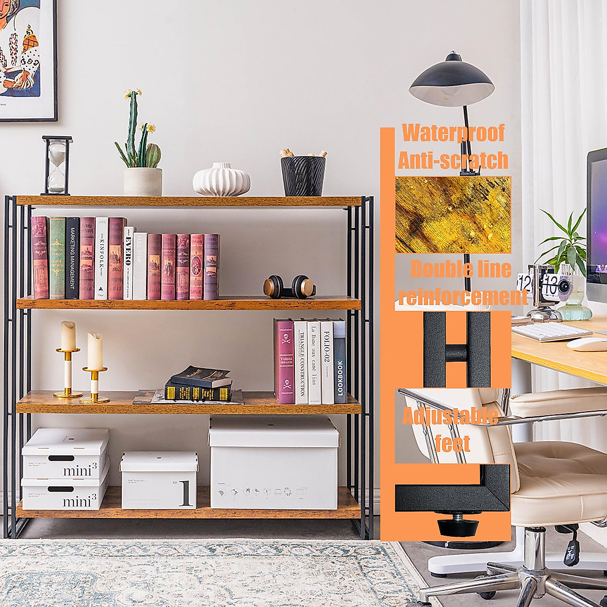 BCLOUDNEST Bookshelf, 4 Tier Tall Bookcase, Industrial Book Shelf for Living Room, Home Office, Kitchen, Rustic Brown