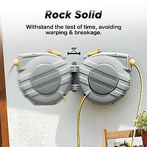 GLAHODEN Retractable Garden Hose Reel - 1/2 in x 115 ft Upgraded UV Resistant Automatic Wall Mounted Water Hose Reel 3/4 in Brass Fitting 9 Pattern Nozzle Any Length Lock Slow Retraction 180° Swivel