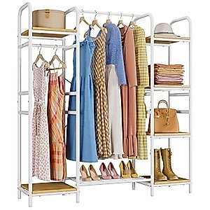 Timate P9 Clothes Rack with Shelves Portable Freestanding Clothing Rack for Hanging Clothes, Heavy Duty Garment Rack with 6 Wood Shelves & 2 Hanging Rod Sturdy Metal Storage Wardrobe for Bedroom White