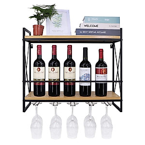 Vintage Metal Wine Rack Wall Mounted with 5 Stem Glass Holder,Industrial Black Wine Rack Wall Decor, 2-Tiers Wall Storage Shelves Floating Shelves,Wooden Hanging Wine Rack Drying Rack