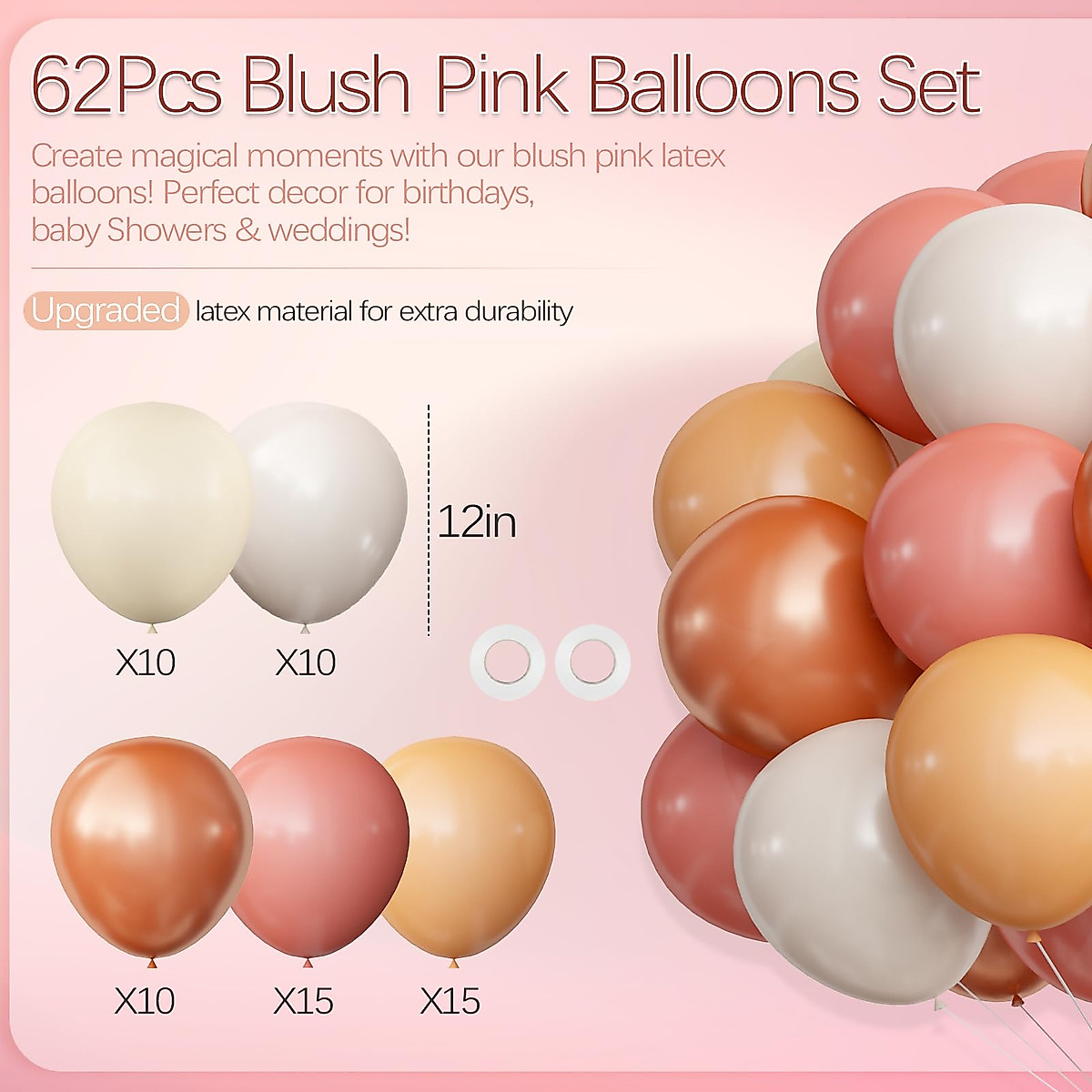 OuMuaMua Blush Pink Rose Gold Balloons, 62Pcs Retro Pink Rose Gold Beige White Nude Balloons for Women Girls Birthday Baby Shower Wedding Bridal Shower Party Decorations, 12 Inch