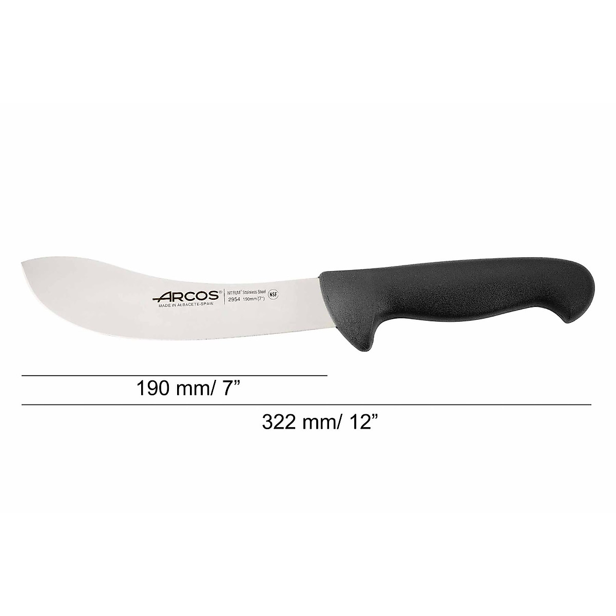 ARCOS Skinning Knife 7 Inch Nitrum Stainless Steel and 190 mm blade. Ergonomic Polypropylene Handle. Series 2900. Features different handle colors to make it easier for each food group. Color Black.
