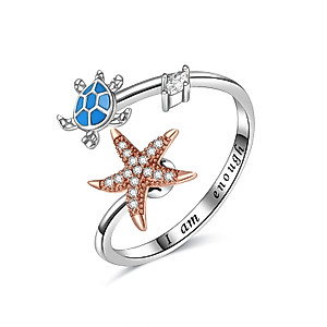 MOONMORY 925 Sterling Silver Spinner Fidget Ring Anxiety Ring for Women Teen Girls Adjustable Statement Jewelry Gift-Cute Turtle Starfish Open Rings (YYR220, 8-10#)