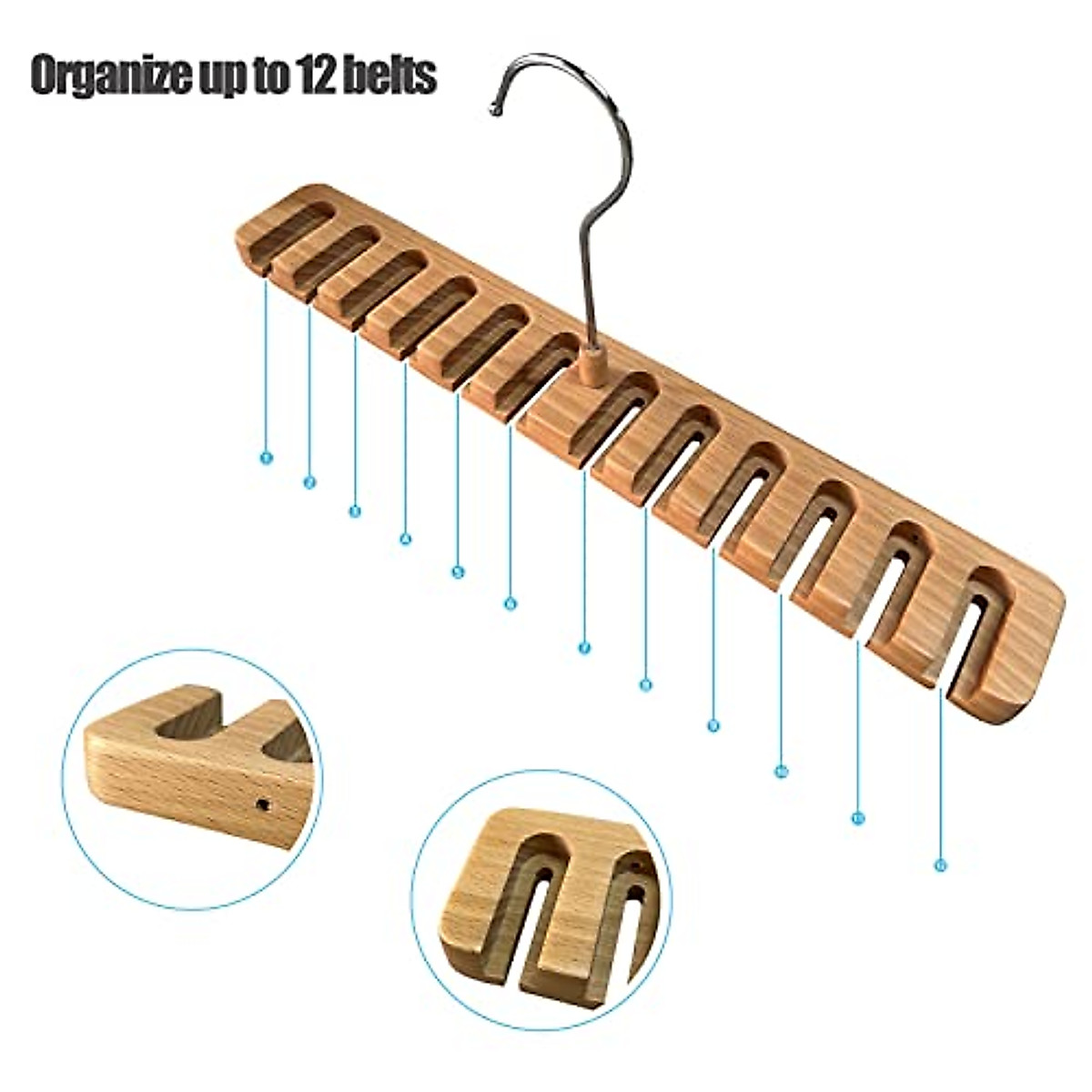 Hlimior Belt Hanger for Closet,2 in 1 Wooden Wall Mount 14 Belts Organizer Through-The-Wall Nails,Belt Rack 360°Swivel Hook,Tie and Belt Organizer Display for Closet,Door,Wall,1 Pack