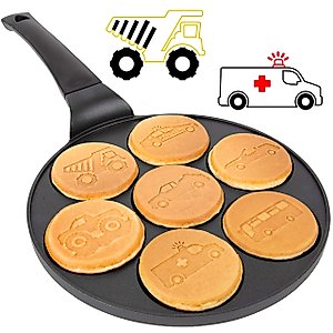 Car & Truck Mini Pancake Pan - Make 7 Unique Flapjack Cars, Nonstick Pan Cake Maker Griddle for Breakfast Fun & Easy Cleanup, Unique Morning Treat or Special Birthday Baking Gift for Kids