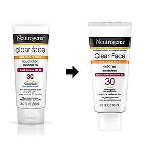 Neutrogena Clear Face Liquid Sunscreen for Acne-Prone Skin, Broad Spectrum SPF 30 Sunscreen Lotion with Helioplex, Oxybenzone-Free, Oil-Free, Fragrance-Free; Non-Comedogenic, 3 fl. oz