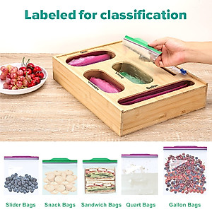 Puricon Ziplock Bag Storage Organizer for Drawer & Wrap Dispenser With Cutter, Food Storage Bag Organizer Holder for Gallon Quart Sandwich Snack, Compatible With Ziploc Solimo Hefty Glad Bags -Bamboo