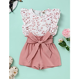 oklady Toddler Girl Clothes Ruffle Floral Embroidery Shirt and Shorts Set (Pink-A, 3-4 T)