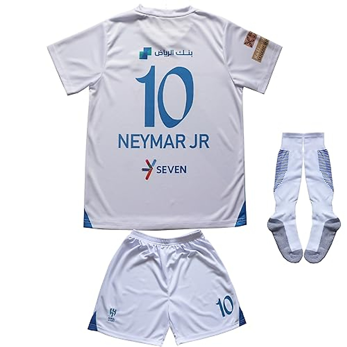 ORGBRAIN 2023/2024 Hilal Riyadh Al Away #10 Neymar Football Soccer Kids Jersey Shorts Socks Set Youth Sizes (White, 30)