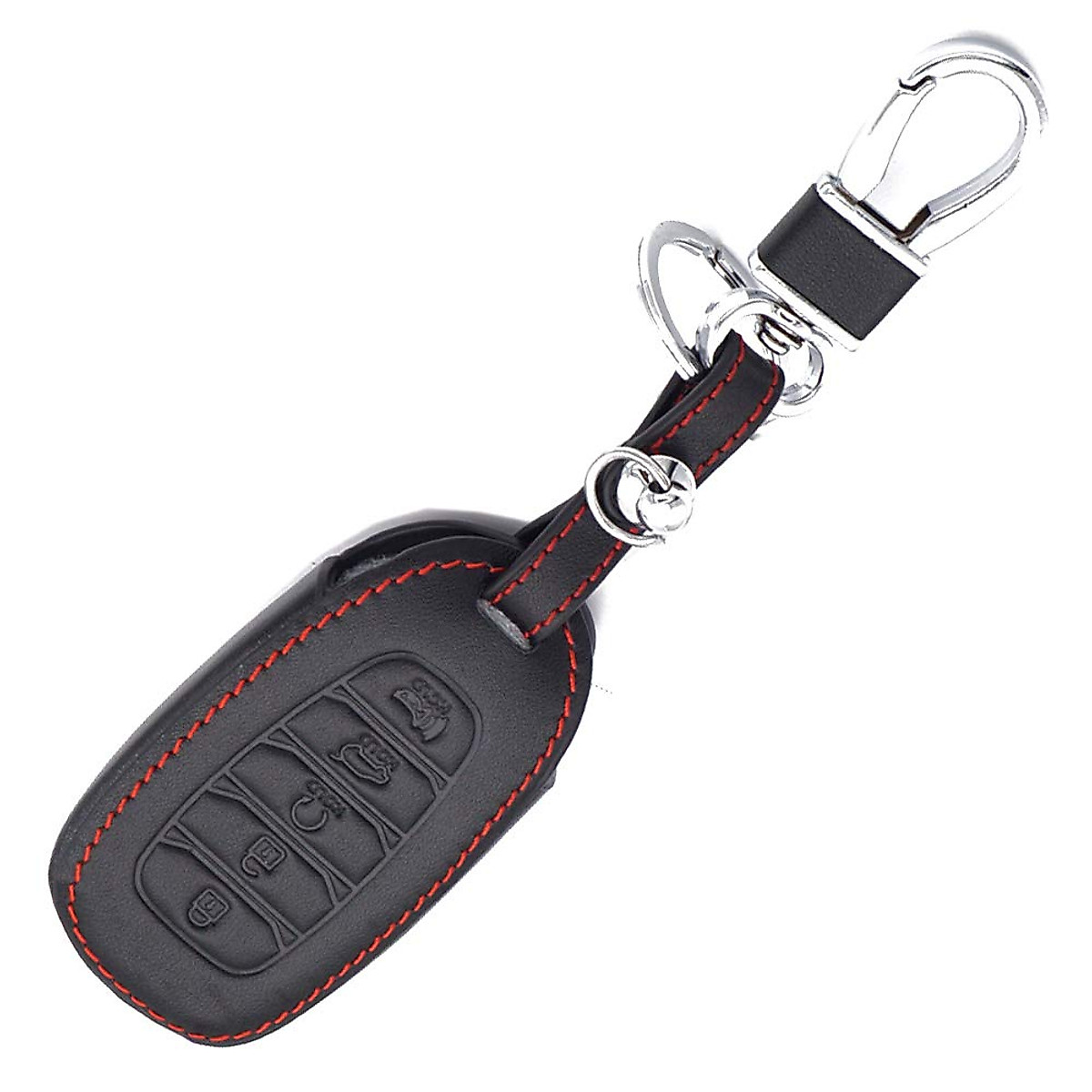 ROYALFOX(TM 5 buttons genuine leather smart remote Key Fob case Cover shell For Hyundai Kona Veloster i30 Ix35 Solaris Azera Grandeur Ig,2017-2020 Hyundai Palisade (5 buttons black)