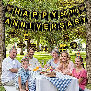 DARUNAXY 50th Wedding Anniversary Decorations Kit, Happy 50th Anniversary Black Gold Glitter Banner for Women, 6PCS Poms, 10PCS Hanging Swirls for Cheer to 50 Anniversary Party Supplies for Men(17PCS)