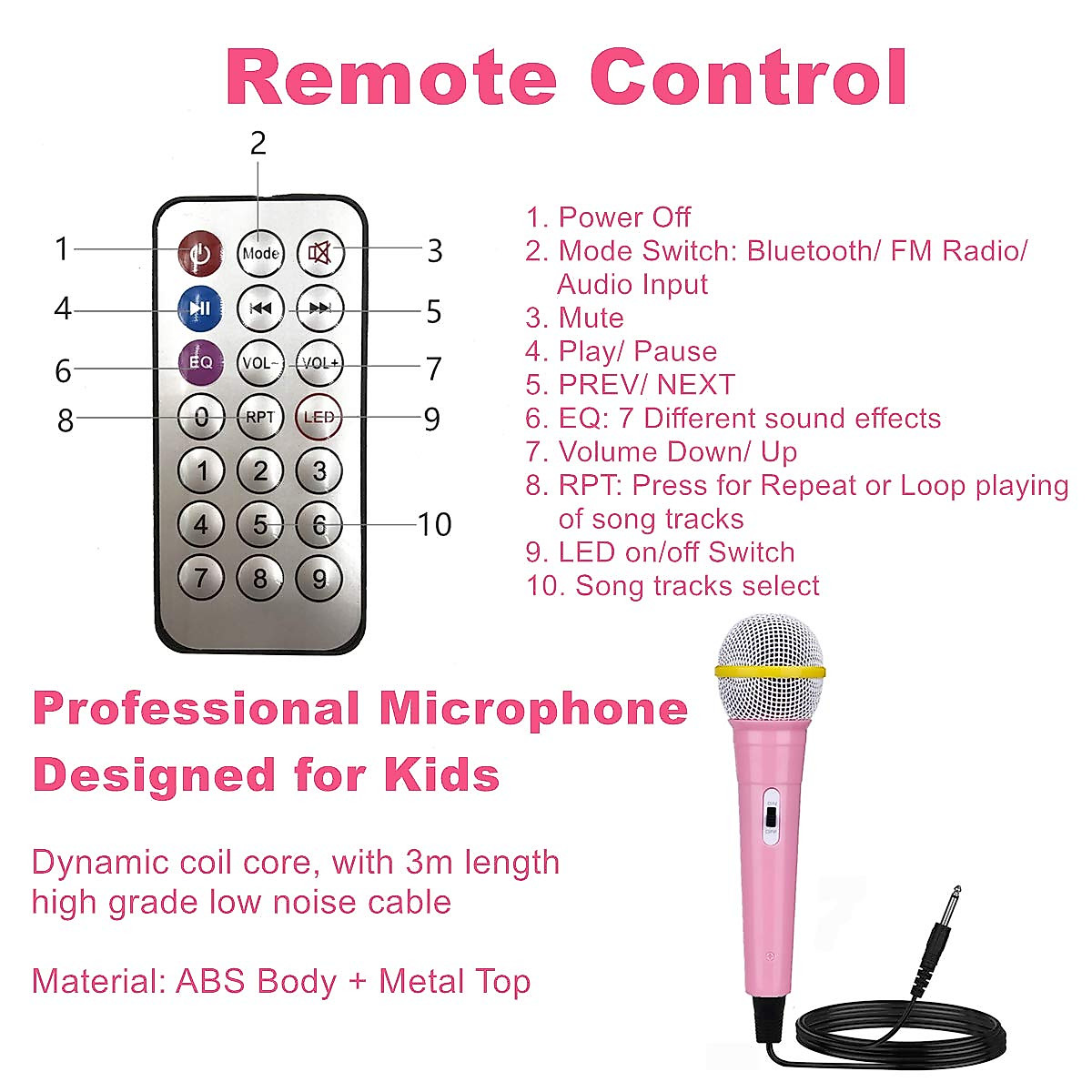 Kidsonor Kids Bluetooth Karaoke Machine with 2 Microphones, Wireless Rechargeable Remote Control Portable Karaoke Speaker Music MP3 Player Loudspeaker with Microphones for Kids (Pink)
